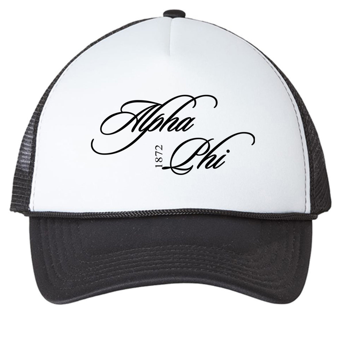 Cursive Alpha Phi Black Trucker Hat – South by Sea Shop